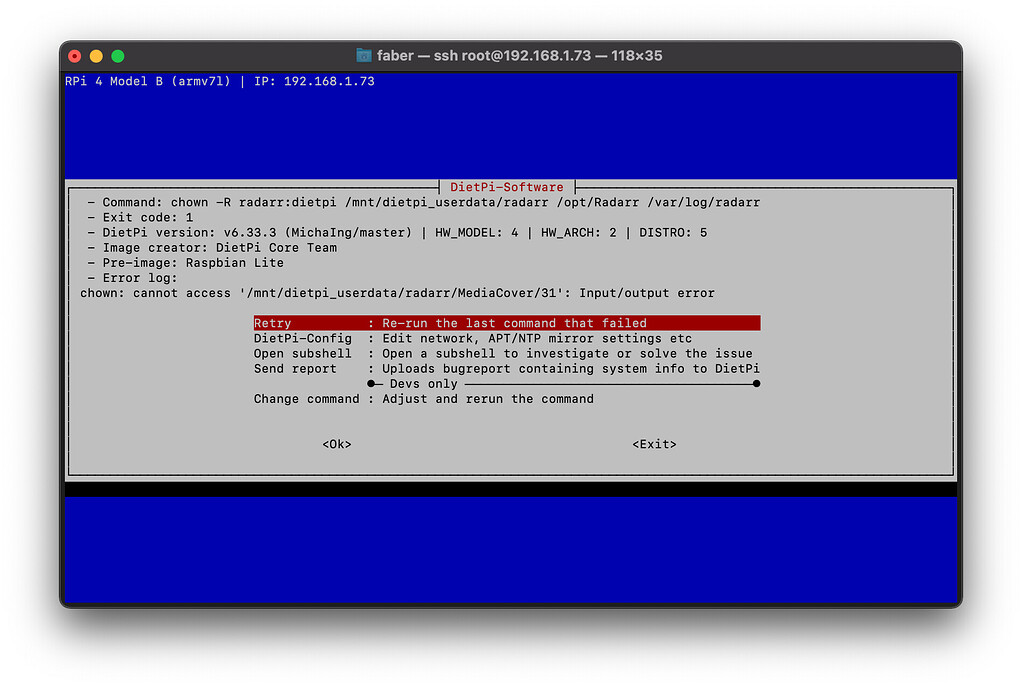 Can't reinstall radarr using dietpi-software due to Input/Output Error ...