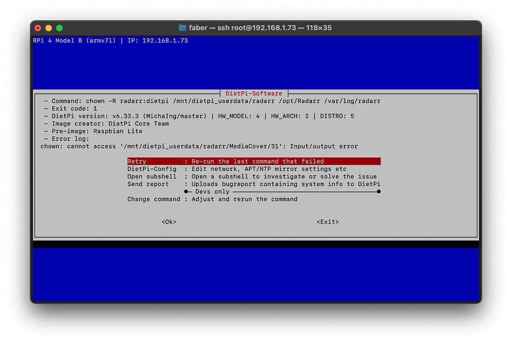 Cant Reinstall Radarr Using Dietpi Software Due To Inputoutput Error Troubleshooting